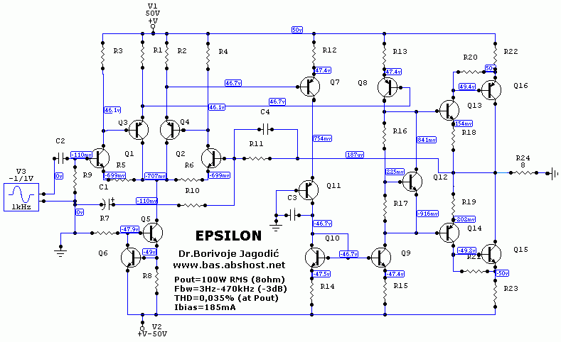 Epsilon-S - sema || simulacija (100W; 3Hz-470kHz/-3dB; THD=0,035% na 100W)